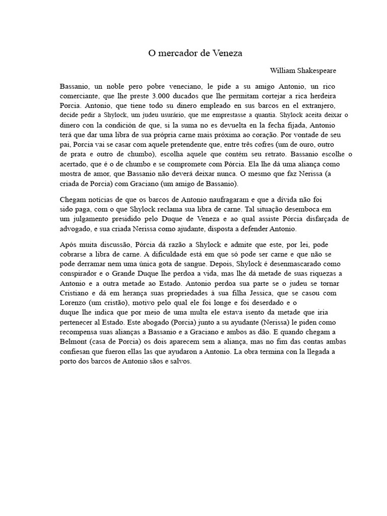 Resumo-do-O-mercador-de-Veneza-em-pdf | PDF