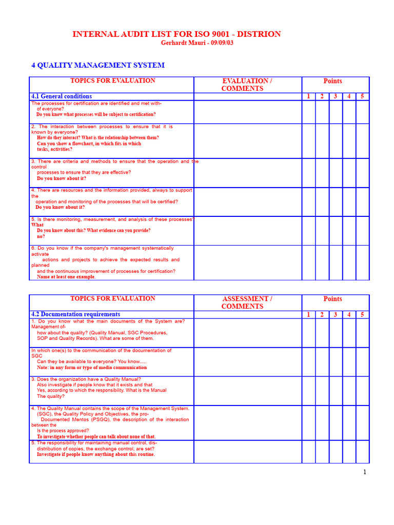ISO 9001 Internal Audit Checklist | PDF | Audit | Internal Audit