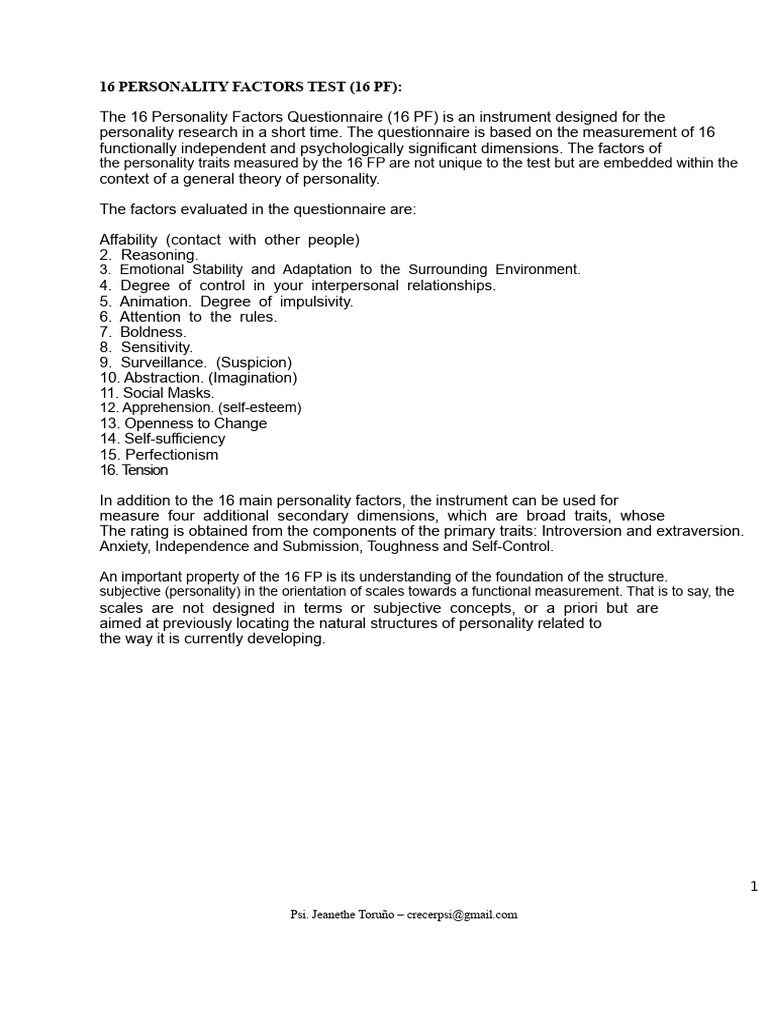 16 Personality Factors Questionnaire Overview | PDF | Psychological ...