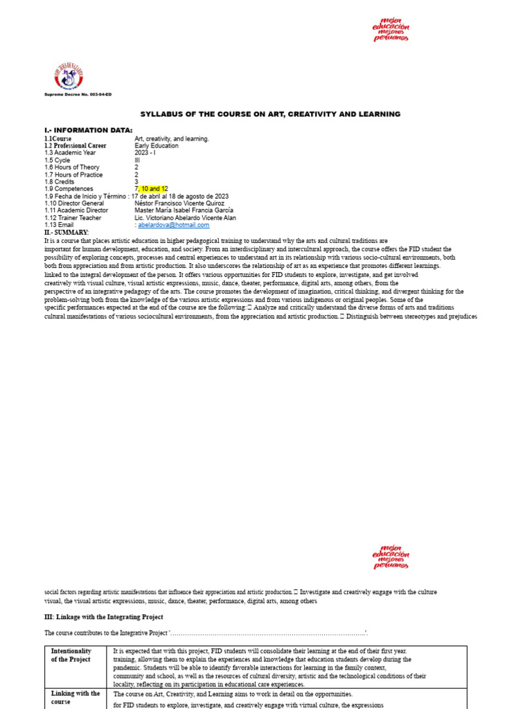 Syllabus of Art, Creativity and Learning Initial Education Iii 2023 - I ...