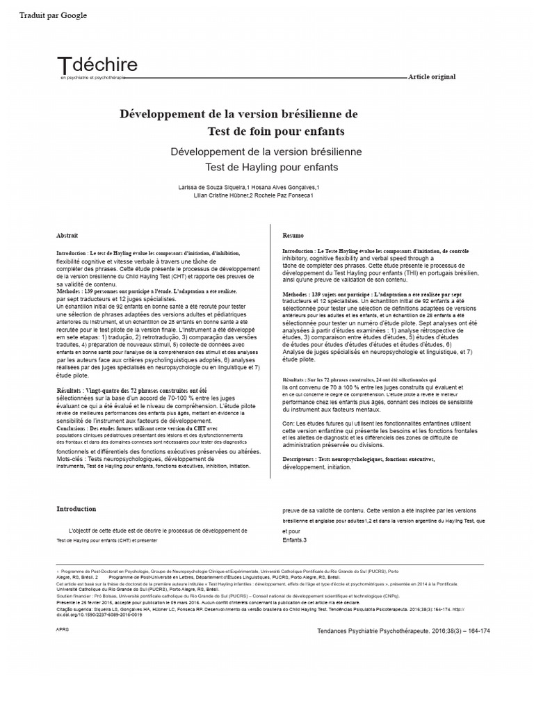Développement du Test Hayling pour enfants | PDF | Attention ...