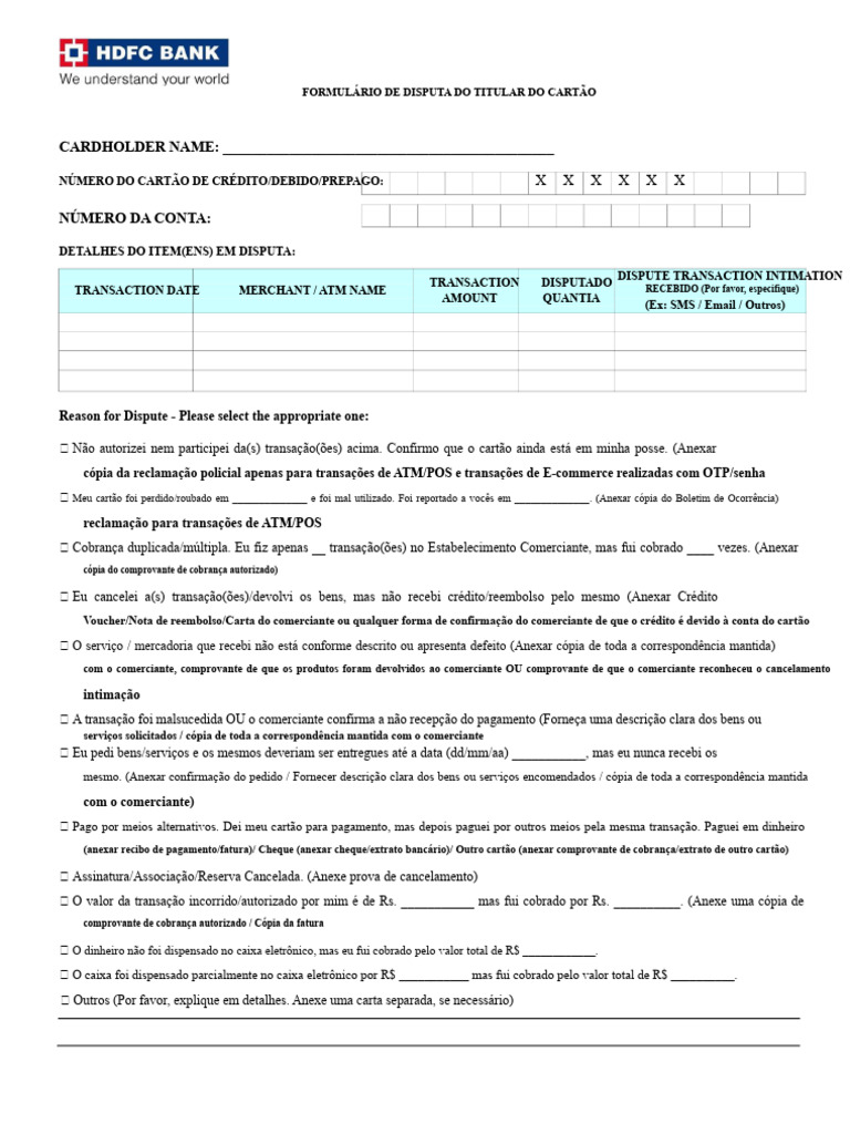 Formulário de Disputa HDFC | PDF | Cheque (banco) | Cartão de crédito