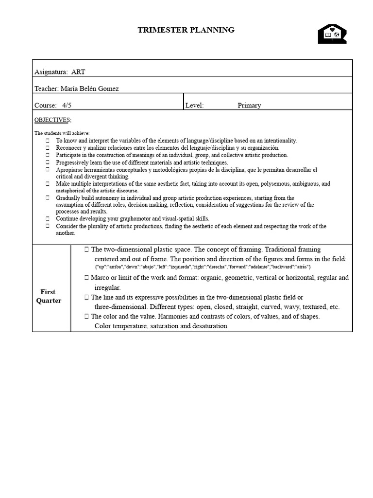 TRIMESTER PLANNING - María Belén Gomez - ART - 4th-5th grade - 1st term ...