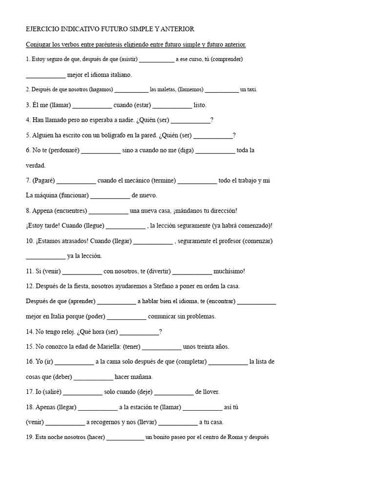 Ejercicio Indicativo Futuro Simple y Anterior | PDF | Verbo