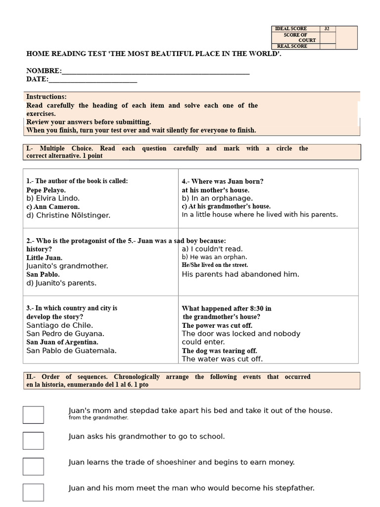 Home Reading Test: "The Most Beautiful Place" | PDF | Multiple Choice