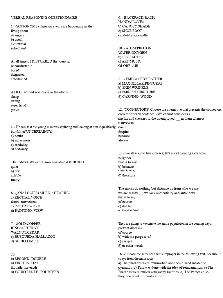 Verbal Reasoning Questionnaire Guide | PDF | Verb | Political Philosophy