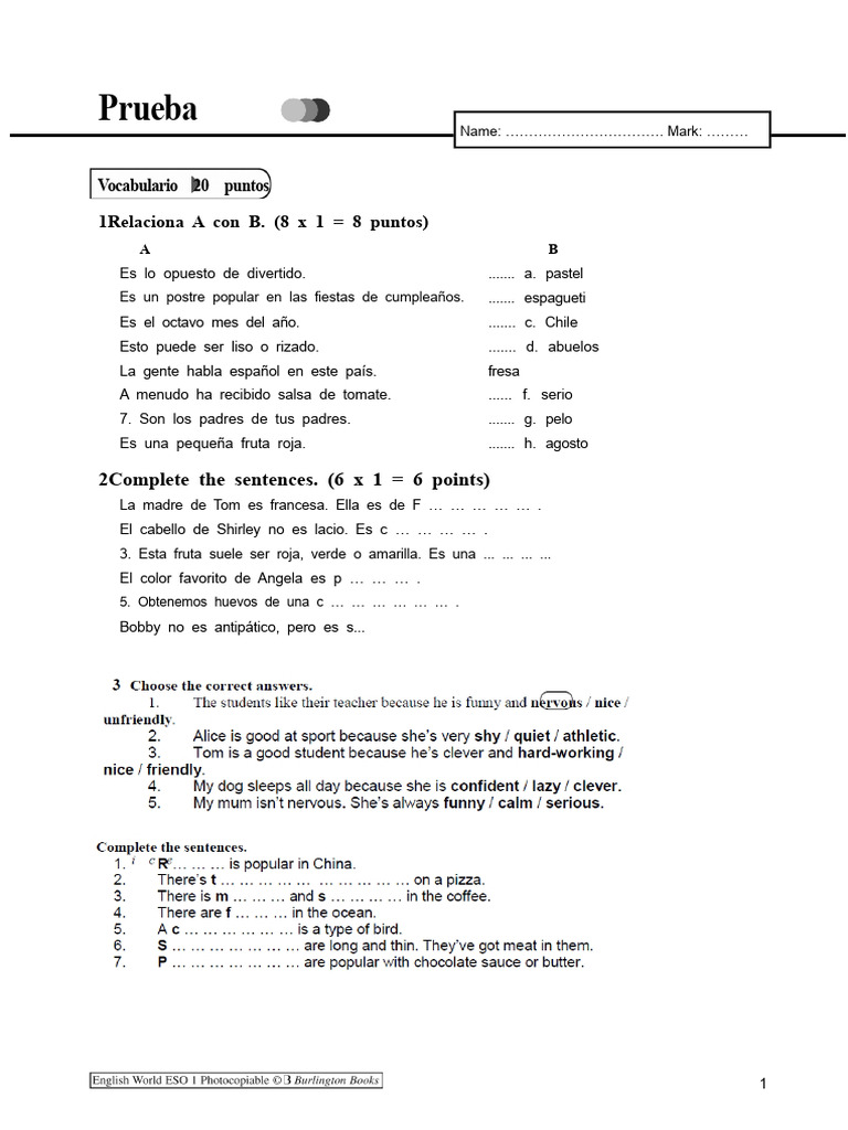 Prueba de Vocabulario y Gramática 2 | PDF