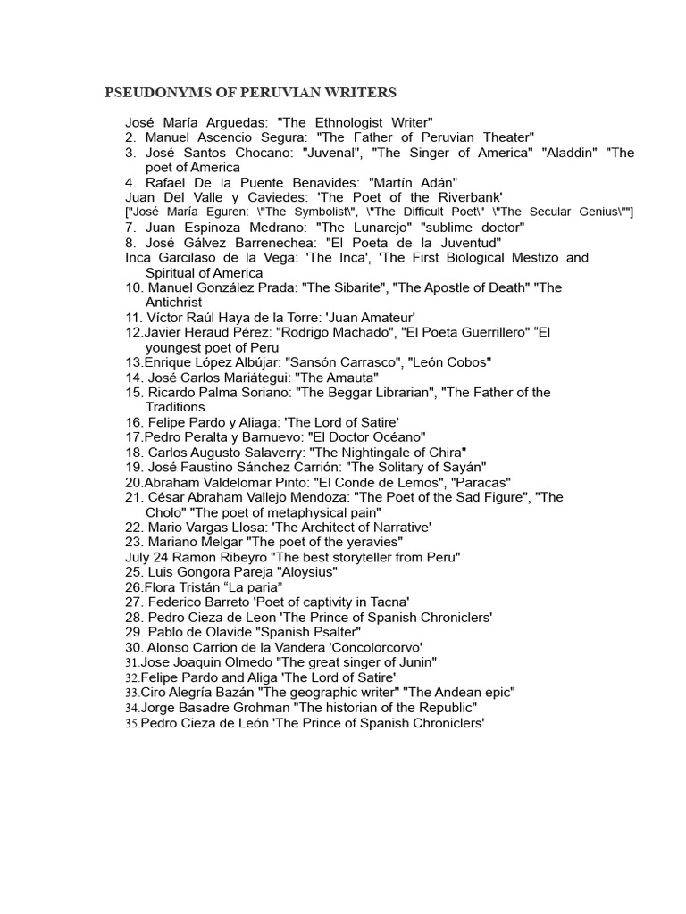 Pseudonyms of Peruvian Writers | PDF