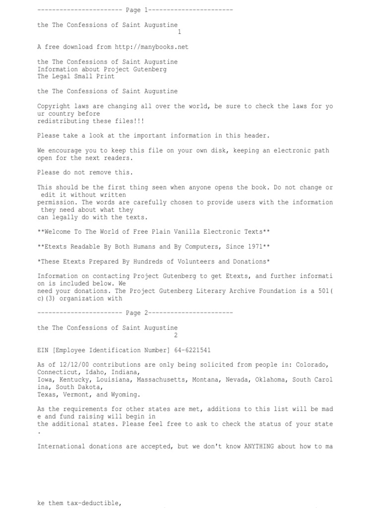 ST - Augustine - The Confessions | PDF | Project Gutenberg | Thou