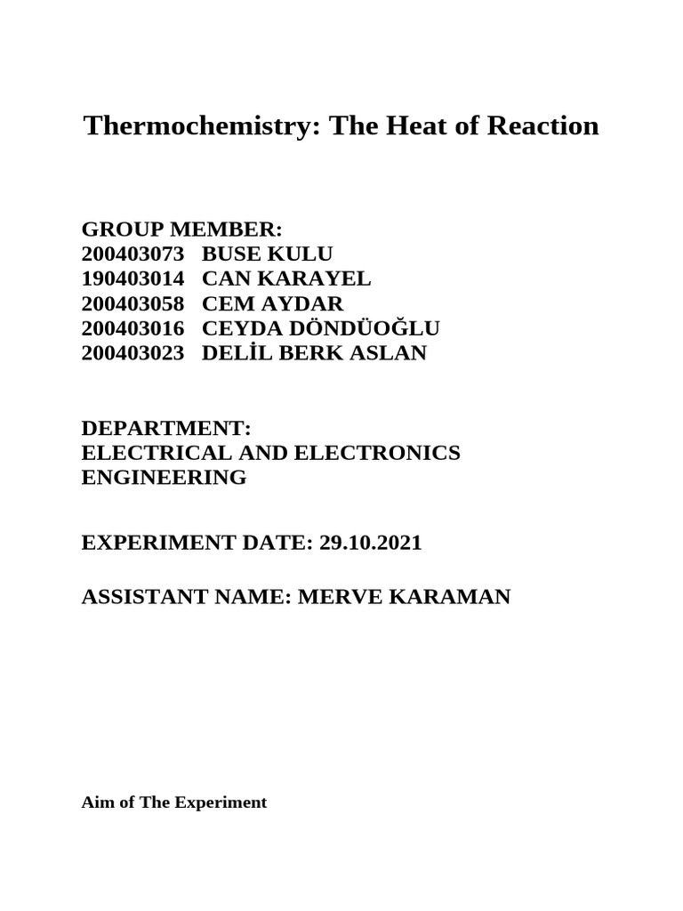 CHE101 - Experiment 5 - Thermochemistry - The Heat of Reaction Report ...