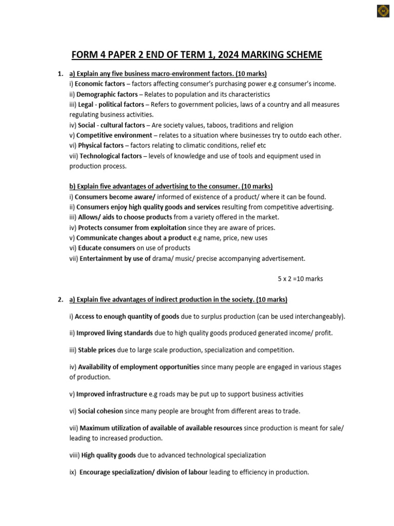 Form 4 Business Marking Scheme 2024 | PDF | Labour Economics | Economics