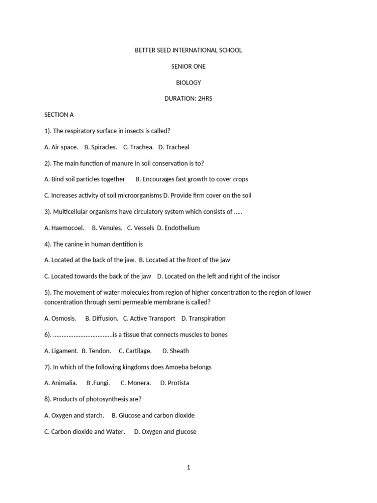 Biology s1 E.O.T III 2024 | PDF | Anatomy | Biology