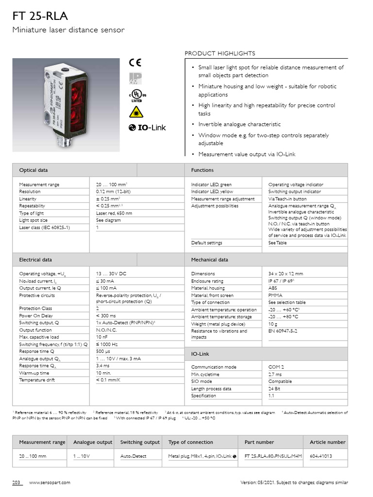 FT 25-RLA Miniature Laser Distance Sensor | PDF | Light Emitting Diode ...