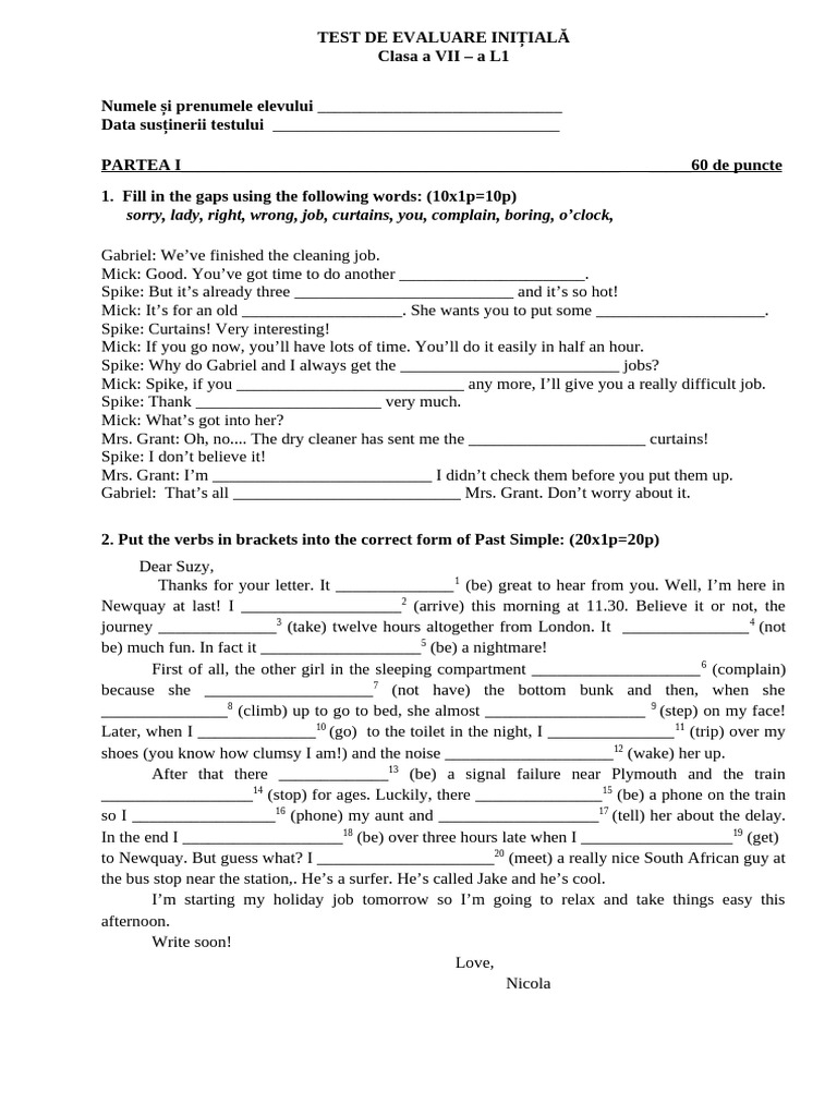 Test Initial Clasa A 7a | PDF