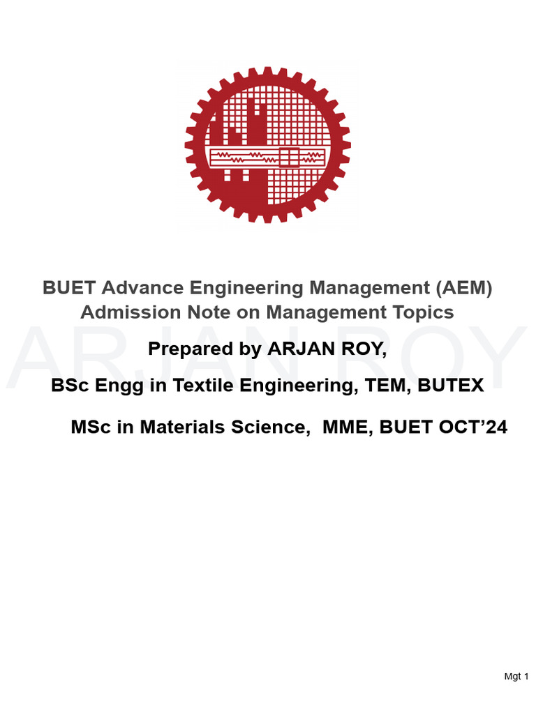 BUET AEM Admission Note On Management by Arjan Roy BSC BUTEX MSC BUET ...
