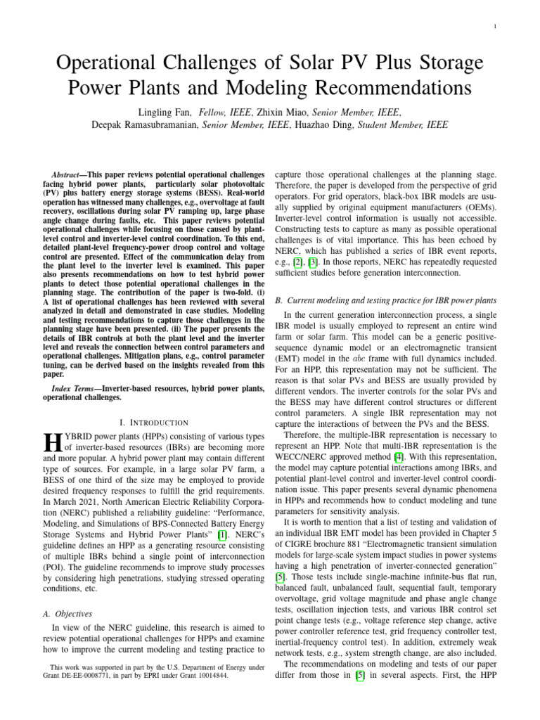 Operational Challenges of Solar PV Plus Storage Power Plants and ...