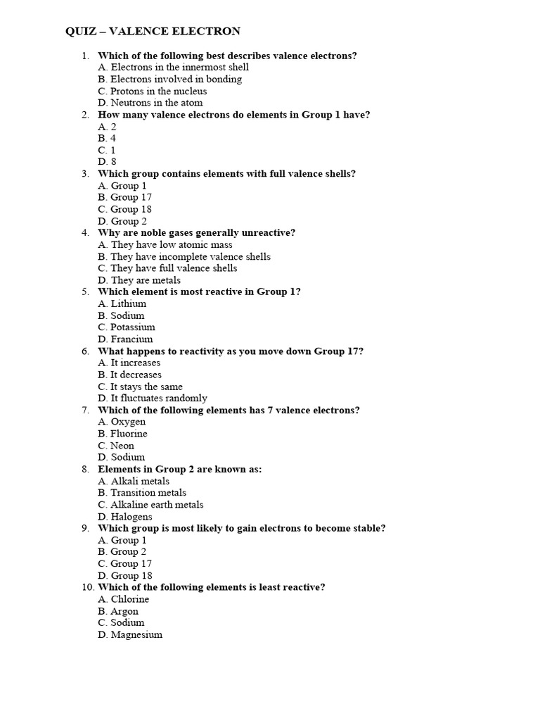 Valence Electron Quiz Questions | PDF