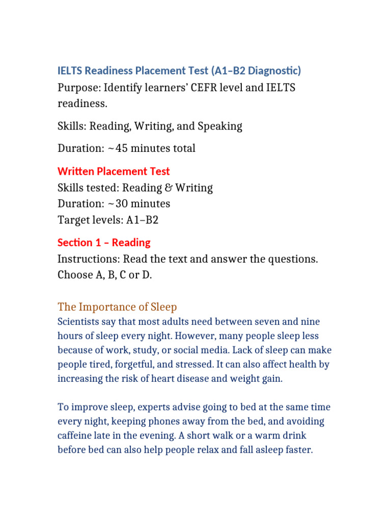 IELTS Readiness Placement Test Guide | PDF | Sleep | International ...