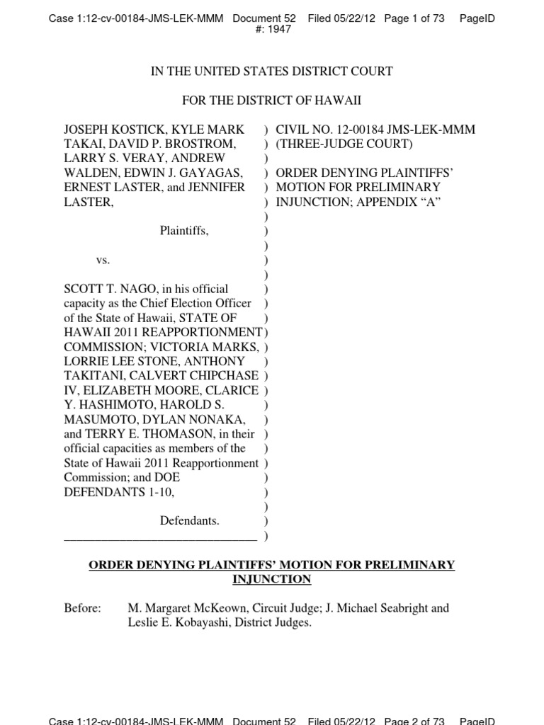 Order Denying Plaintiffs Motion For Preliminary Injunction, Kostick v. Nago | PDF ...