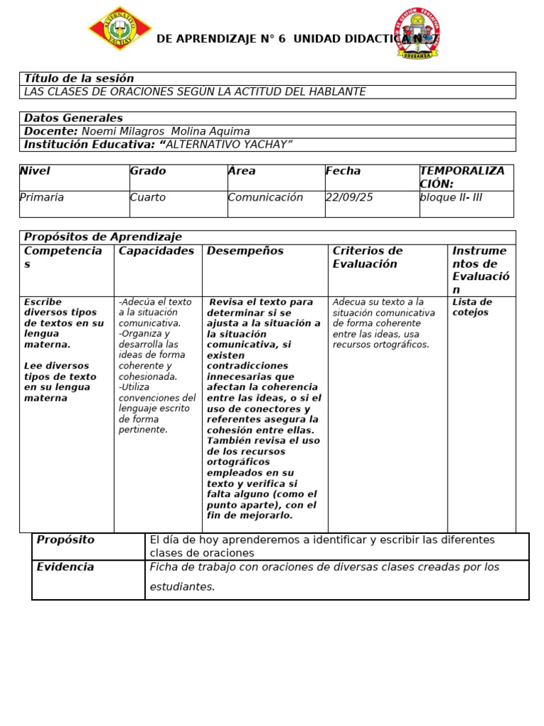 Sesion de Aprendizaje Clases de Oraciones | PDF | Aprendizaje ...