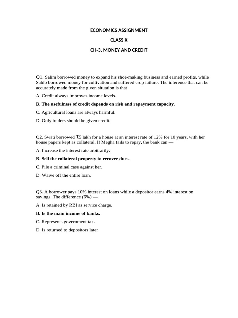 Money and Credit: Class X Economics Assignment | PDF | Loans | Interest
