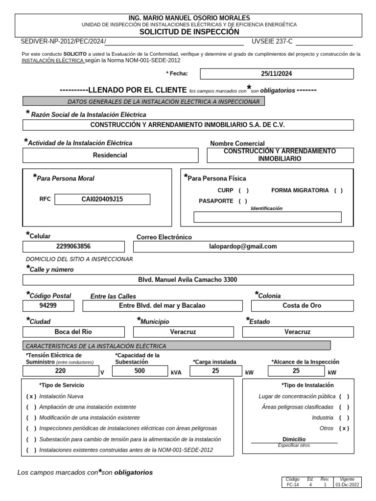 Solicitud de Inspeccion | PDF | Cableado eléctrico | Poder (Física)