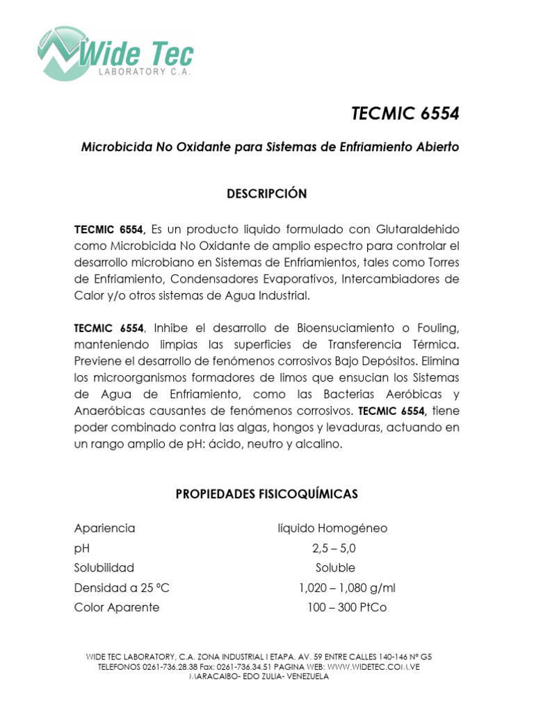 Microbicida TECMIC 6554 para Enfriamiento | PDF | Agua | Antimicrobiano