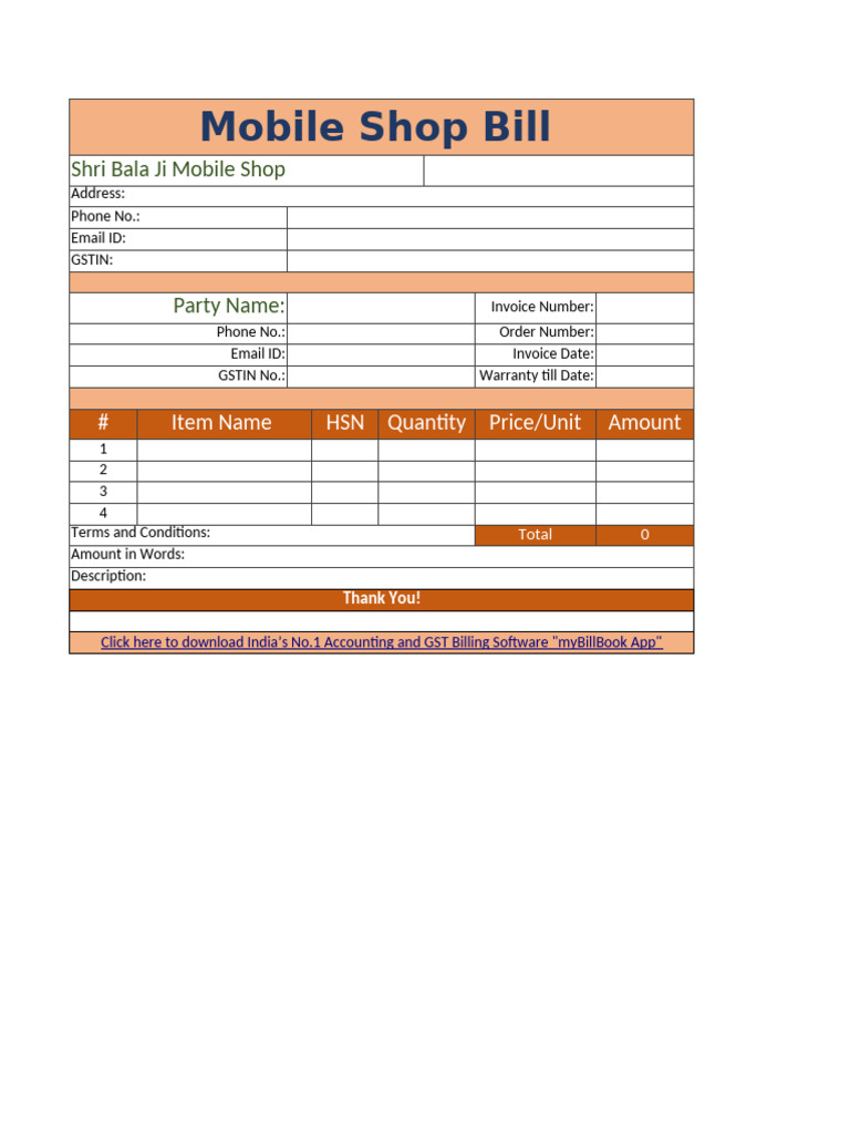 Mobile Shop Bill Format in Excel | PDF