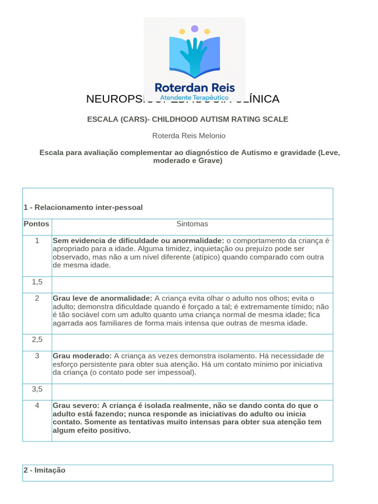 Escala Cars Autismo TURMA 1 | PDF | Comunicação não verbal | Emoções