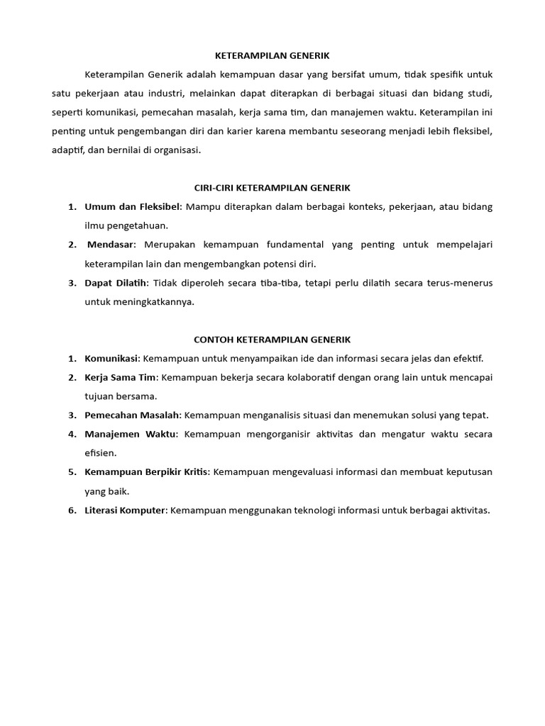 Ciri dan Contoh Keterampilan Generik | PDF
