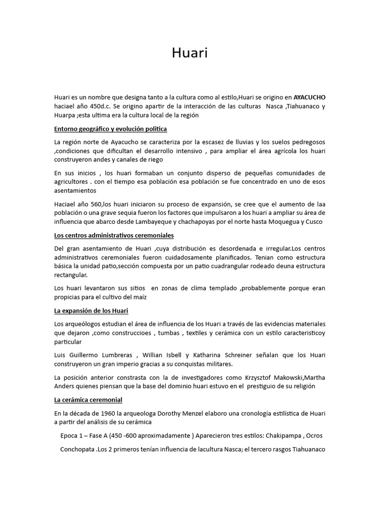 Cultura Huari: Orígenes y Expansión | PDF