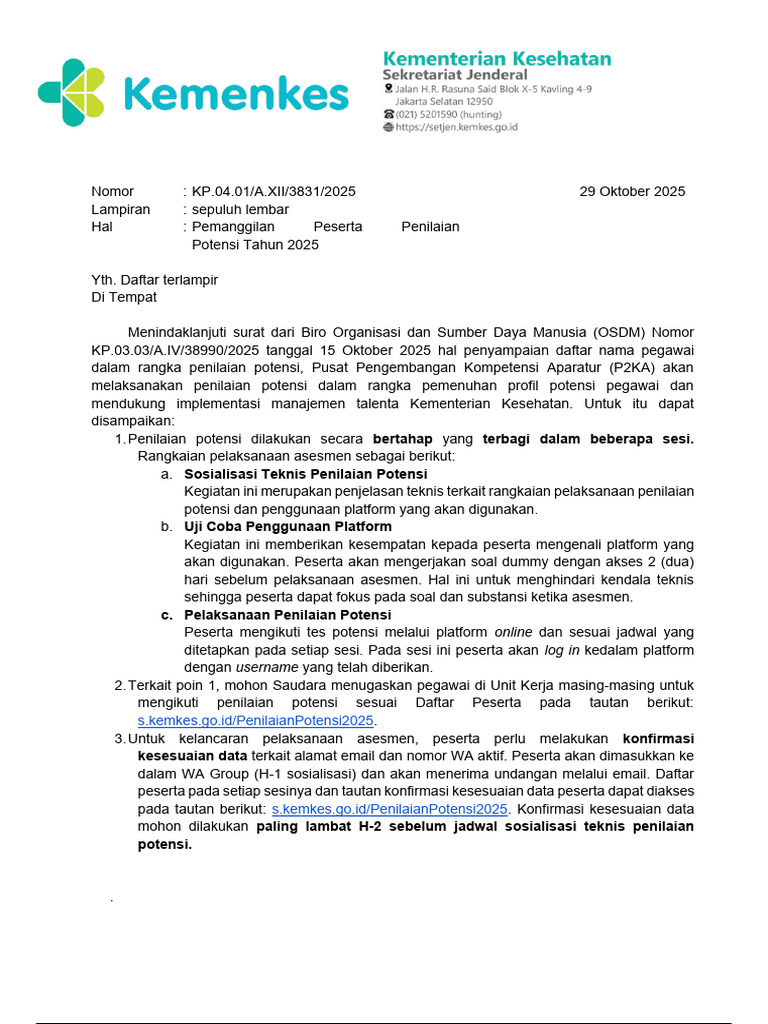 Pemanggilan Peserta Penilaian Potensi 2025 | PDF