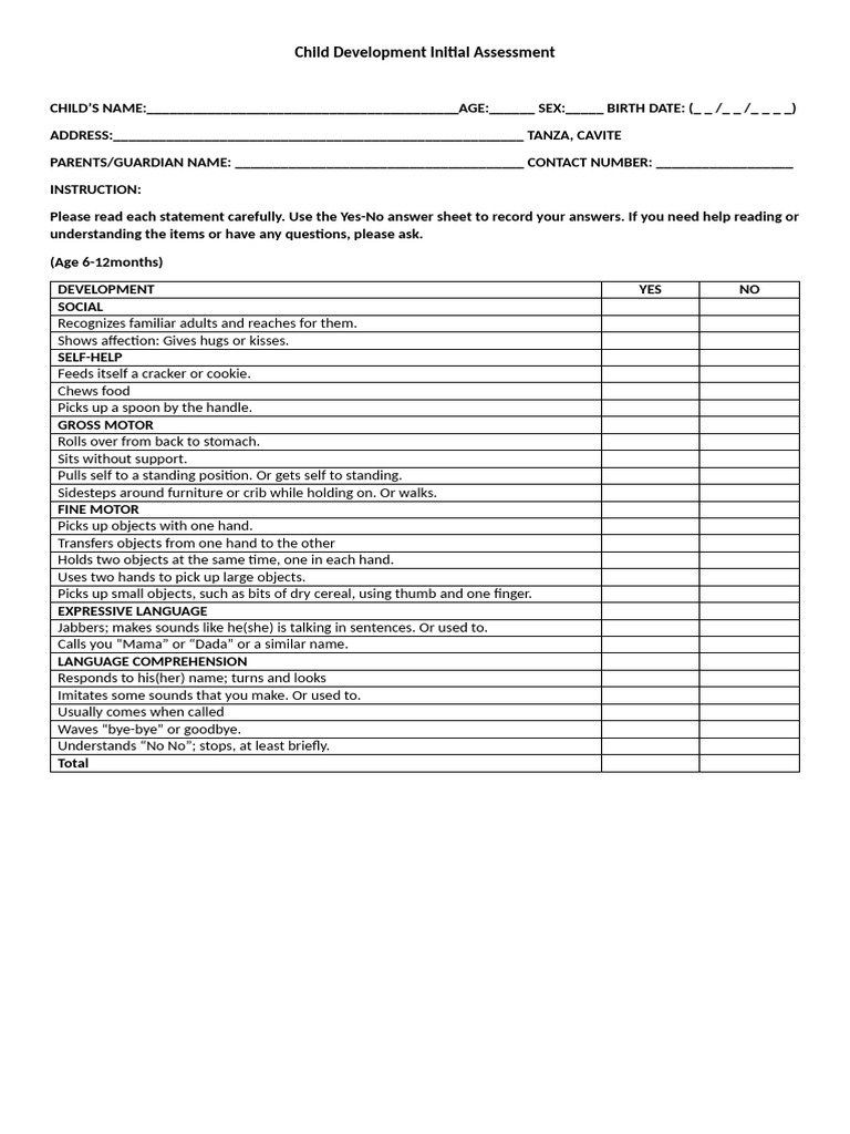 Child Development Assessment Form | PDF | Word | Question