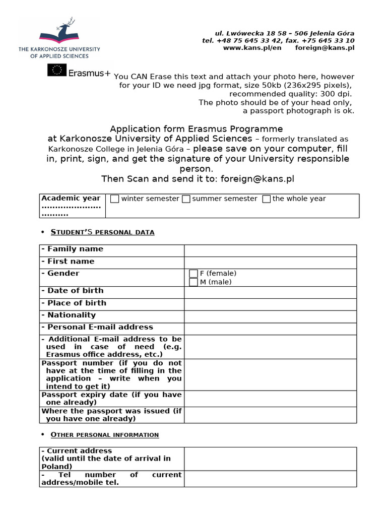 Erasmus Application Form Karkonosze University | PDF