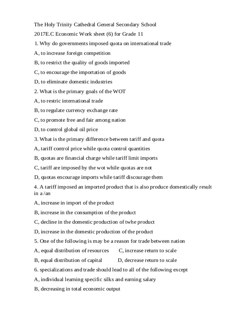 Grade 11 Economic Worksheet on Trade | PDF