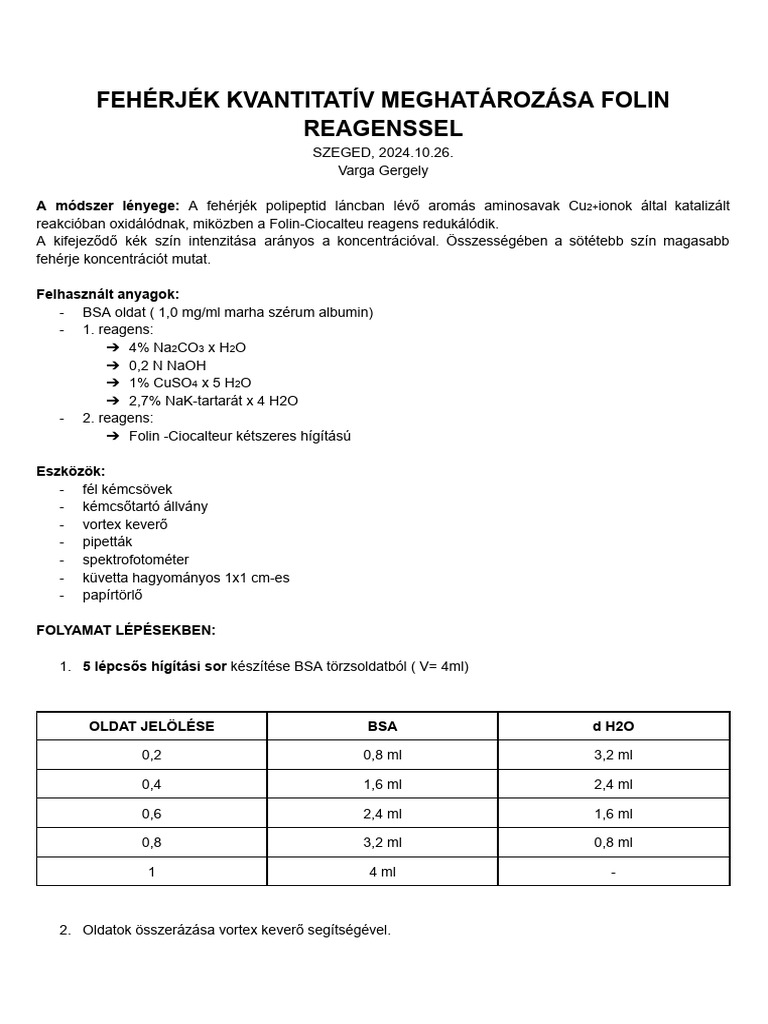 Fehérjék Kvantitatív Meghatározása Folin Reagenssel | PDF