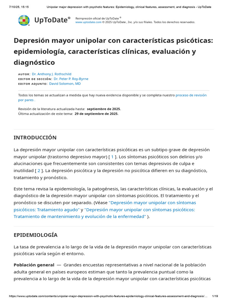 Unipolar Major Depression With Psychotic Features - Epidemiology ...