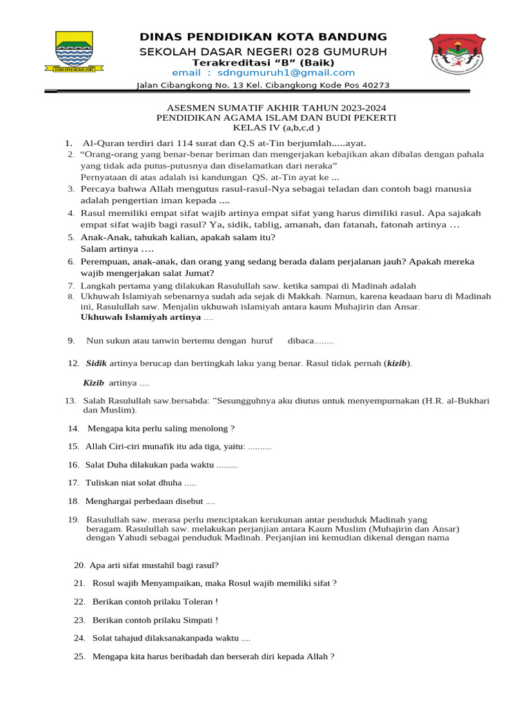 4. Soal Pai Asat Kelas 4 Agama Esay | PDF