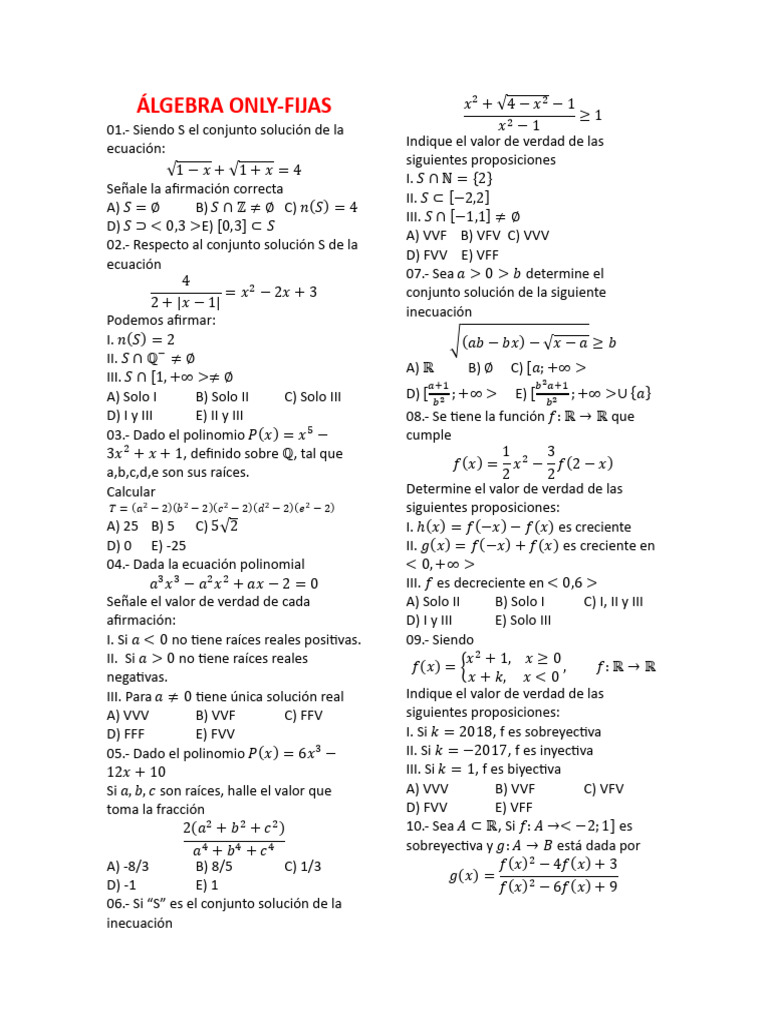 Ejercicios de Álgebra y Funciones Matemáticas | PDF | Matemática ...