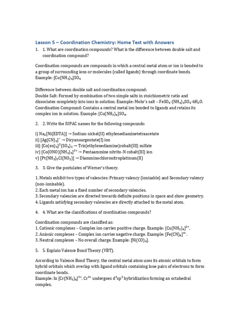 Coordination Chemistry Home Test Answers | PDF | Coordination Complex ...