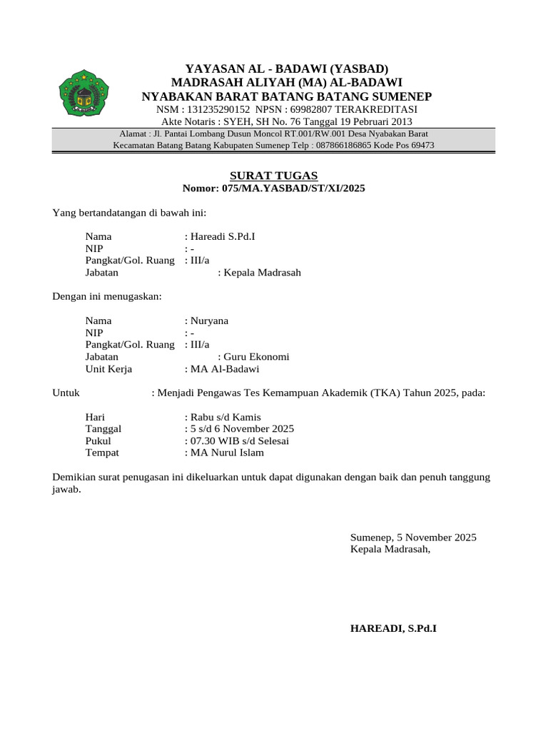 Surat Tugas Pengawas TKA MA Al-Badawi | PDF