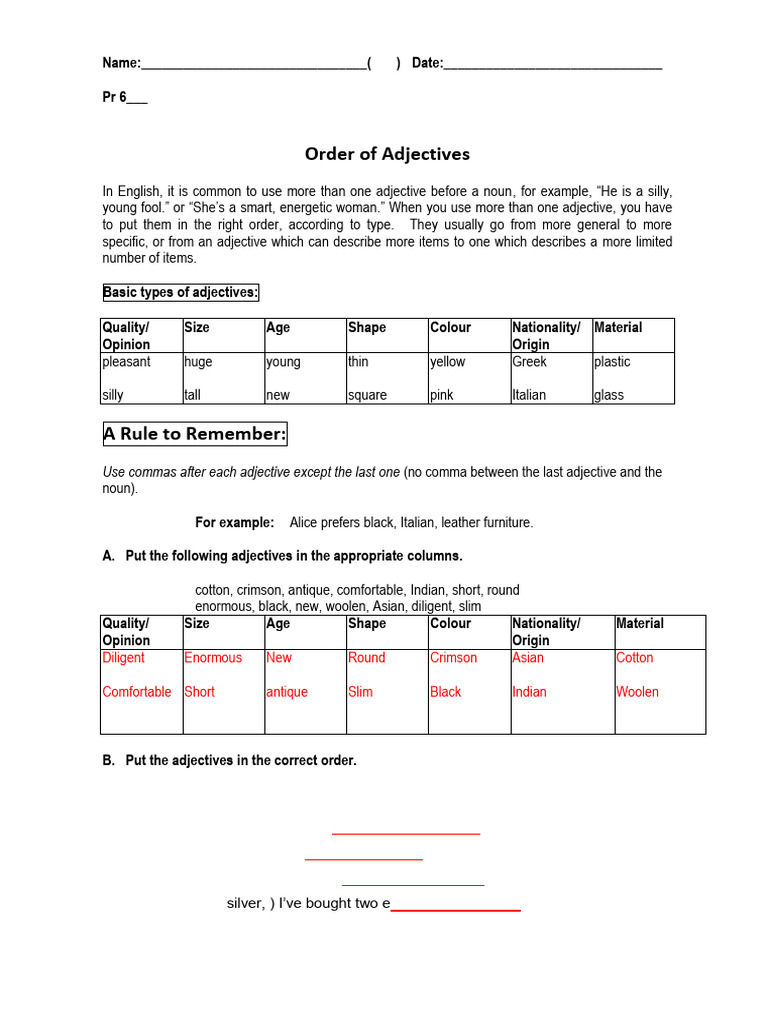 Order of Adjectives Ans Key | PDF | Adjective | Grammar
