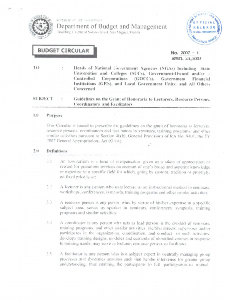 DBM Budget Circular No. 2007 - 1 | PDF