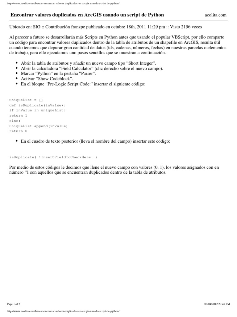 Encontra Valores Duplicados en ArcGIS Usando Un Script de Python | PDF | Informática