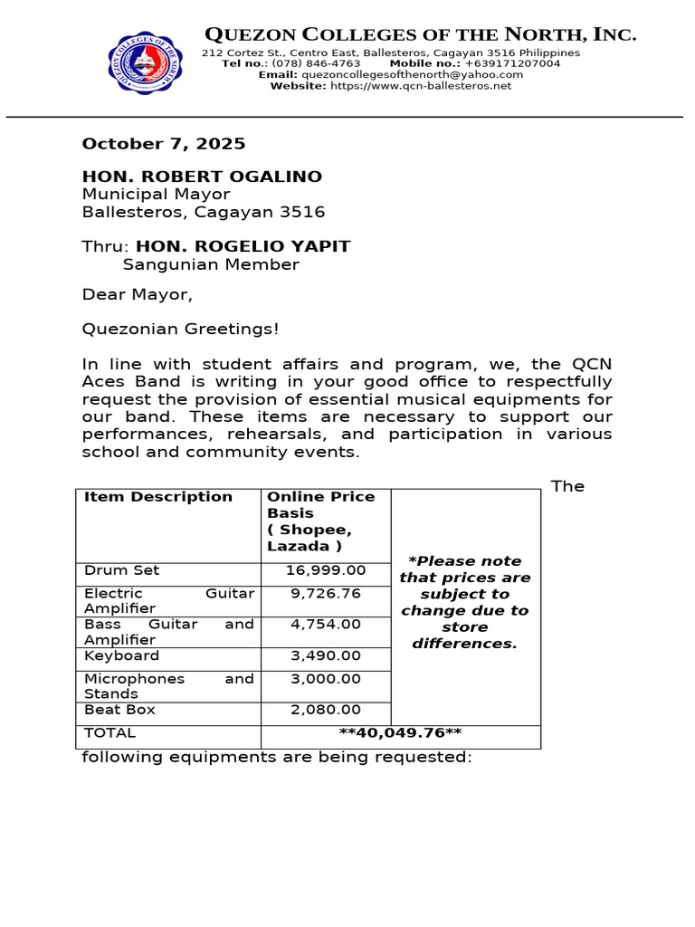 QCN Aces Band Request Letter | PDF | Popular Music | Music Production