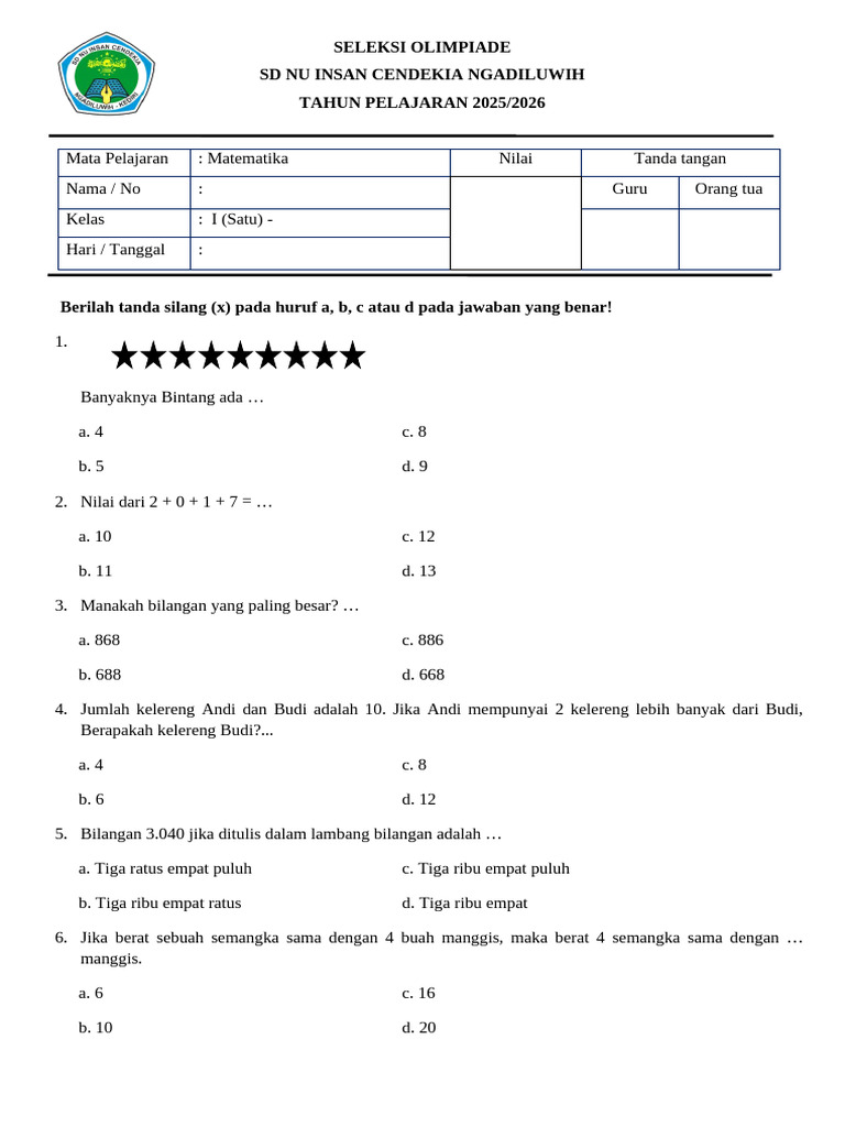Seleksi Olimpiade Matematika SD 2025/2026 | PDF