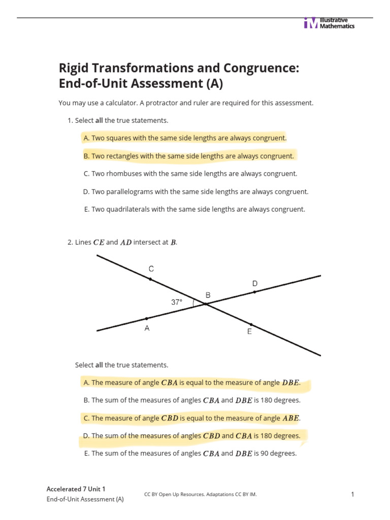 Rigid Transformations Assessment Guide | PDF | Triangle | Euclidean ...