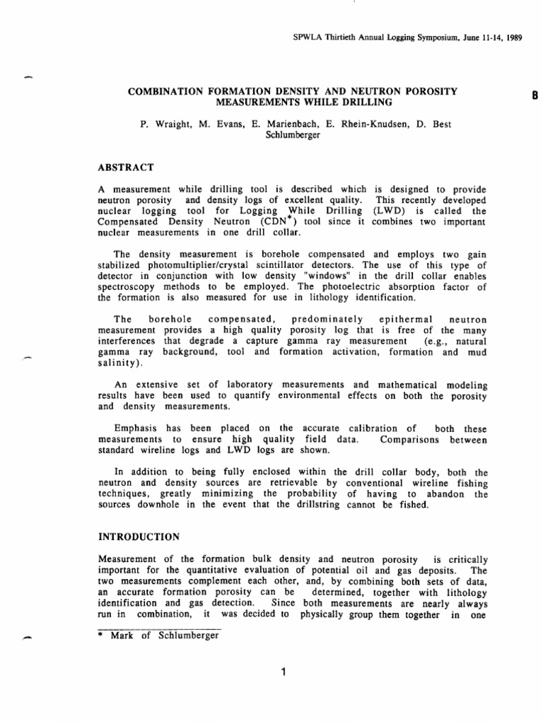 1989-Combination Formation Density and Neutron Porosity Measurements ...