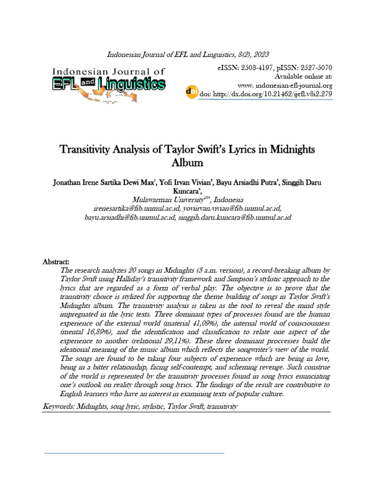 Transitivity Analysis of Taylor Swift's Lyrics in Midnights Album | PDF ...
