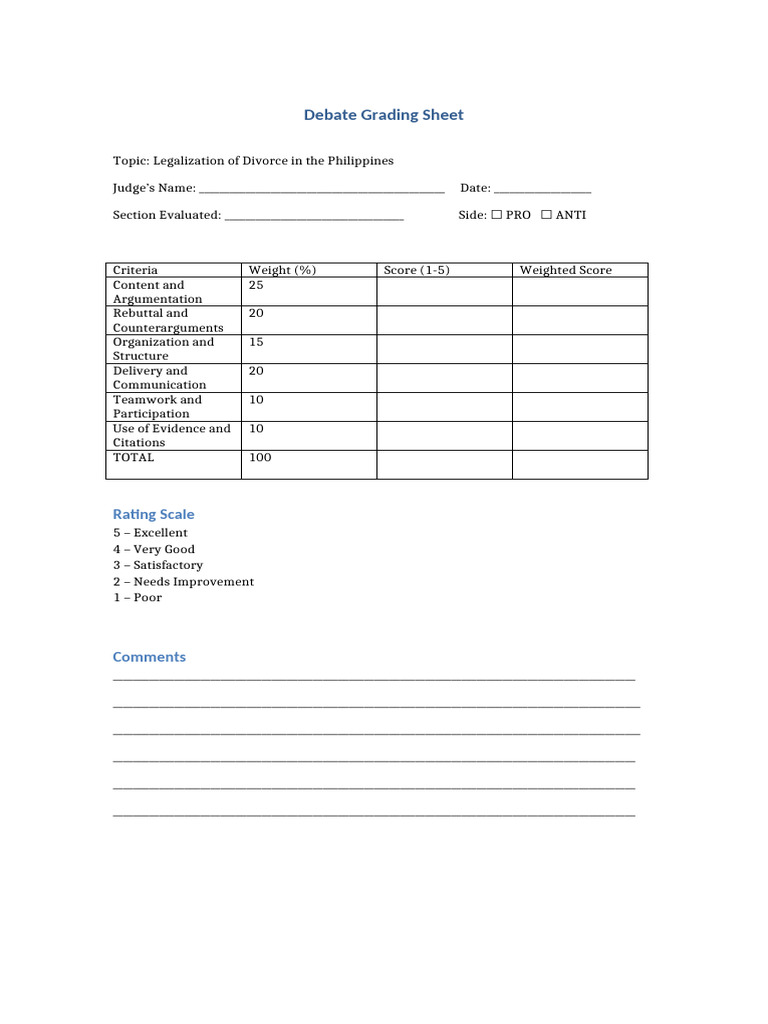 Divorce Legalization Debate Grading Sheet | PDF